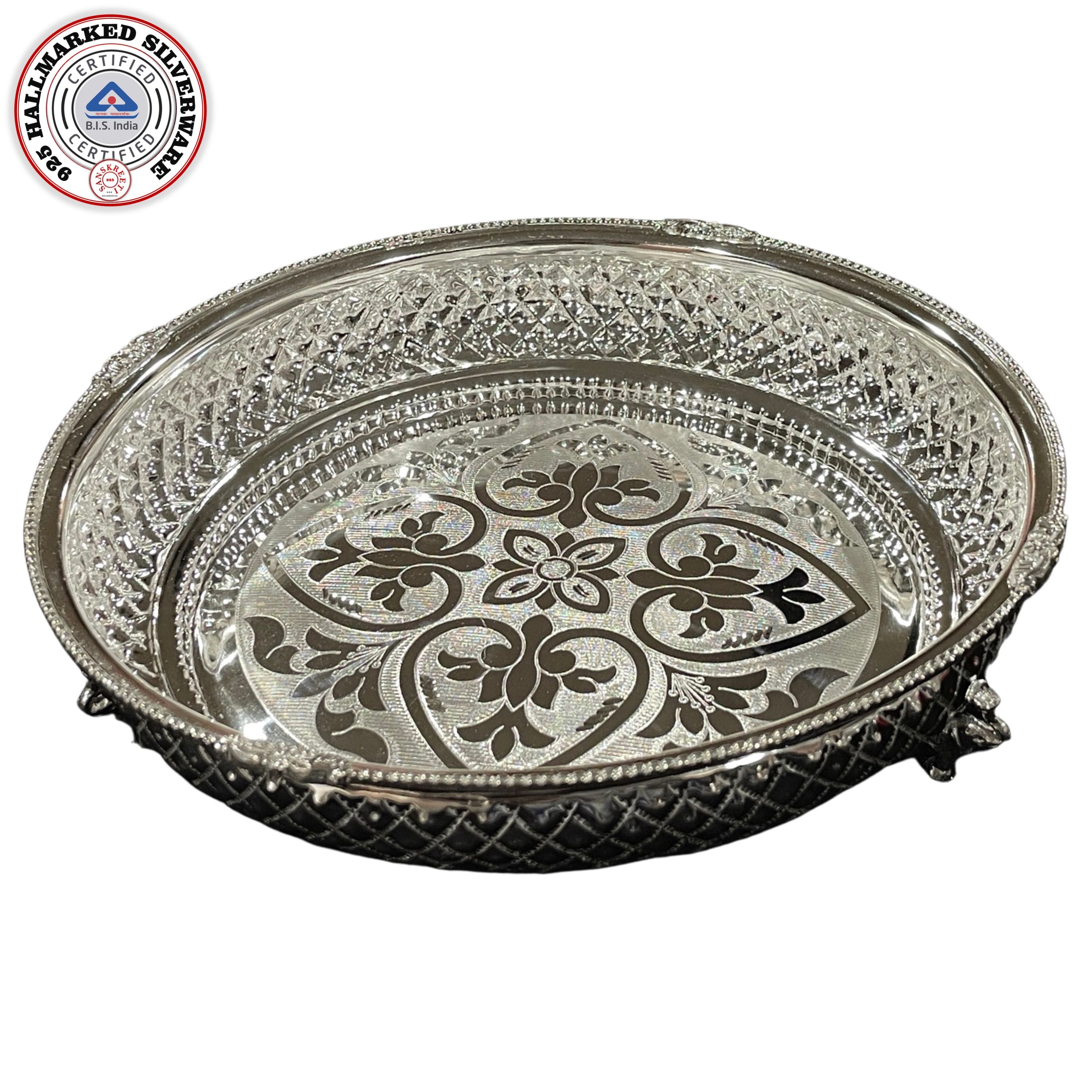 925 Sterling Silver Designer Hallmarked Puja Plate with Elephant Stand