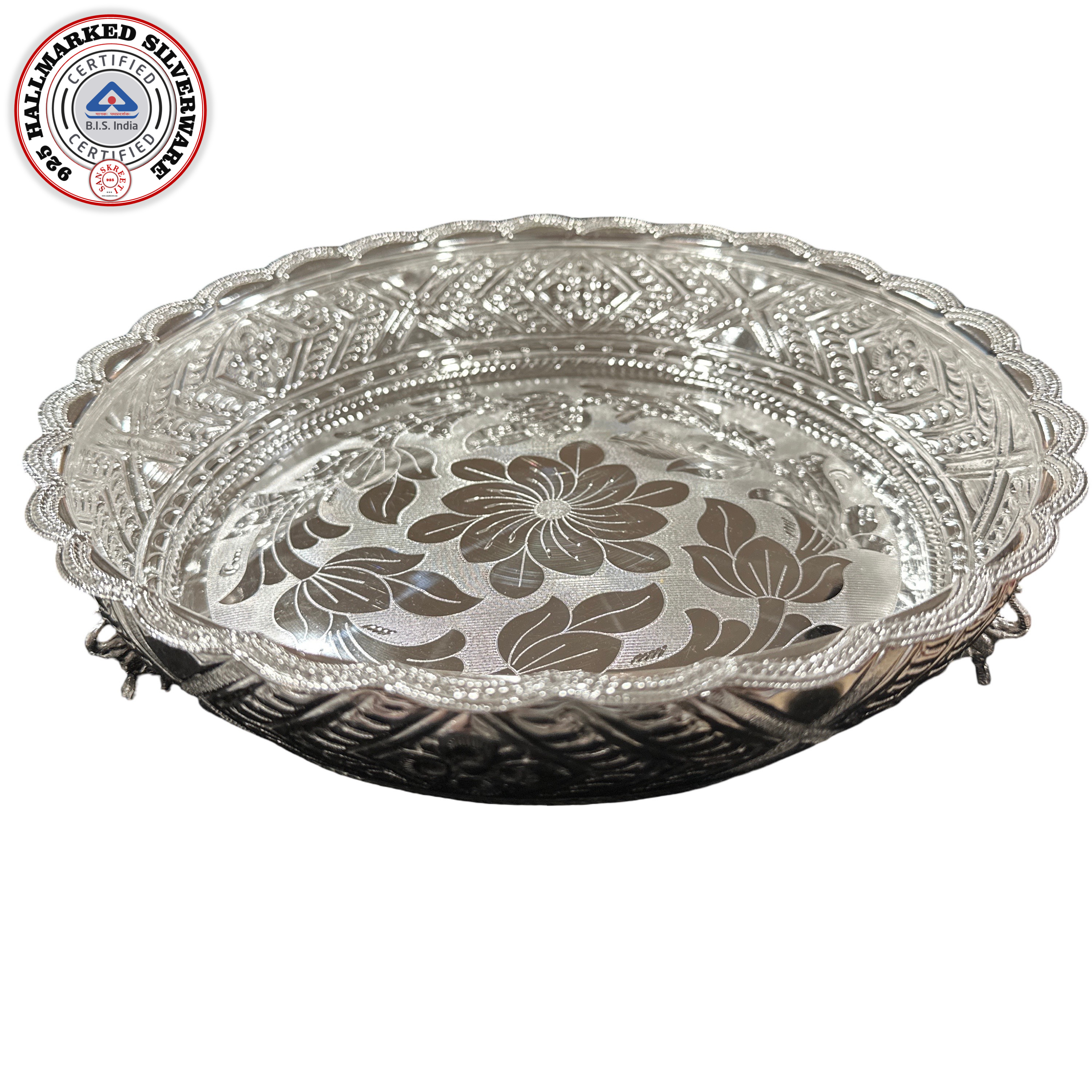 925 Sterling Silver Designer Hallmarked Puja Plate with Elephant Stand