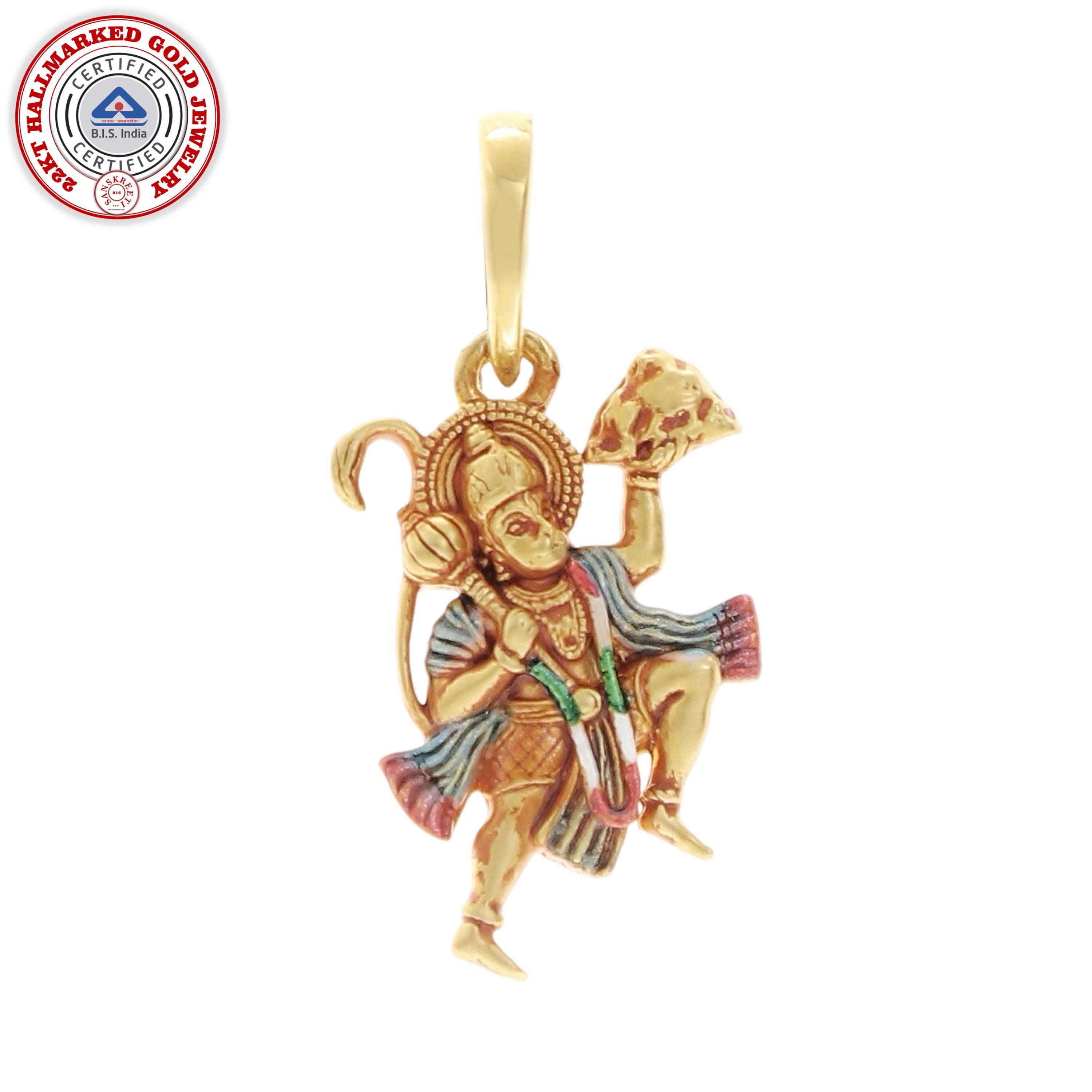 916 Gold Twenty Two Karat (22Kt) Hallmarked Hanuman Pendant - Style#01
