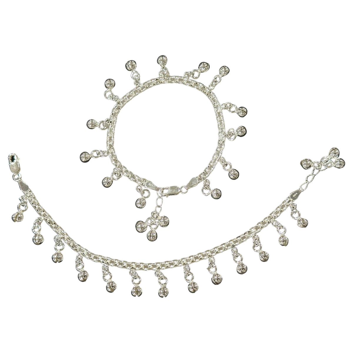 925 Sterling Silver Kids 3mm Mat Chain Designer Bell Anklet Style 01