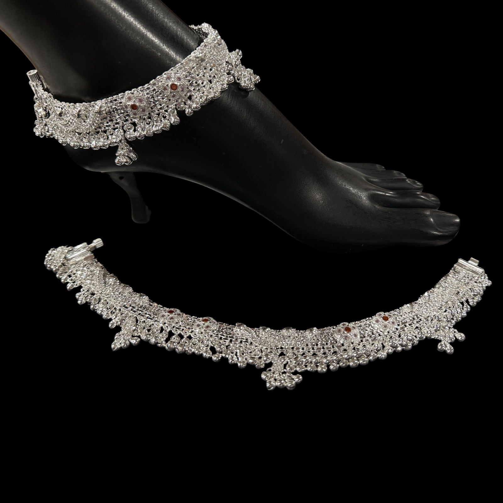 800 Silver Rajwada Hallmarked Pajeb Anklet with Meena & Bells - Style