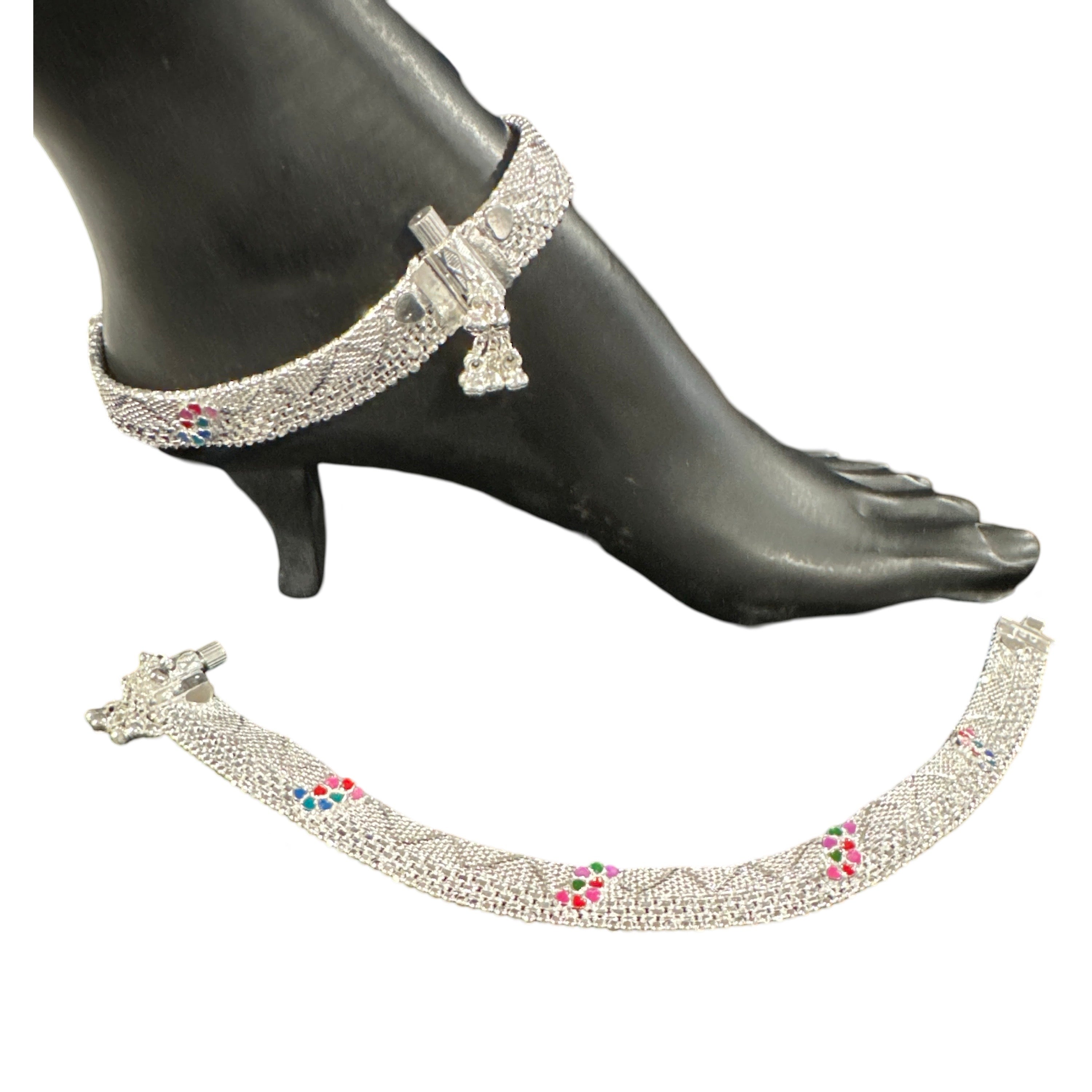 800 Silver Rajwada Hallmarked Pajeb Anklet with Meena - Style #23