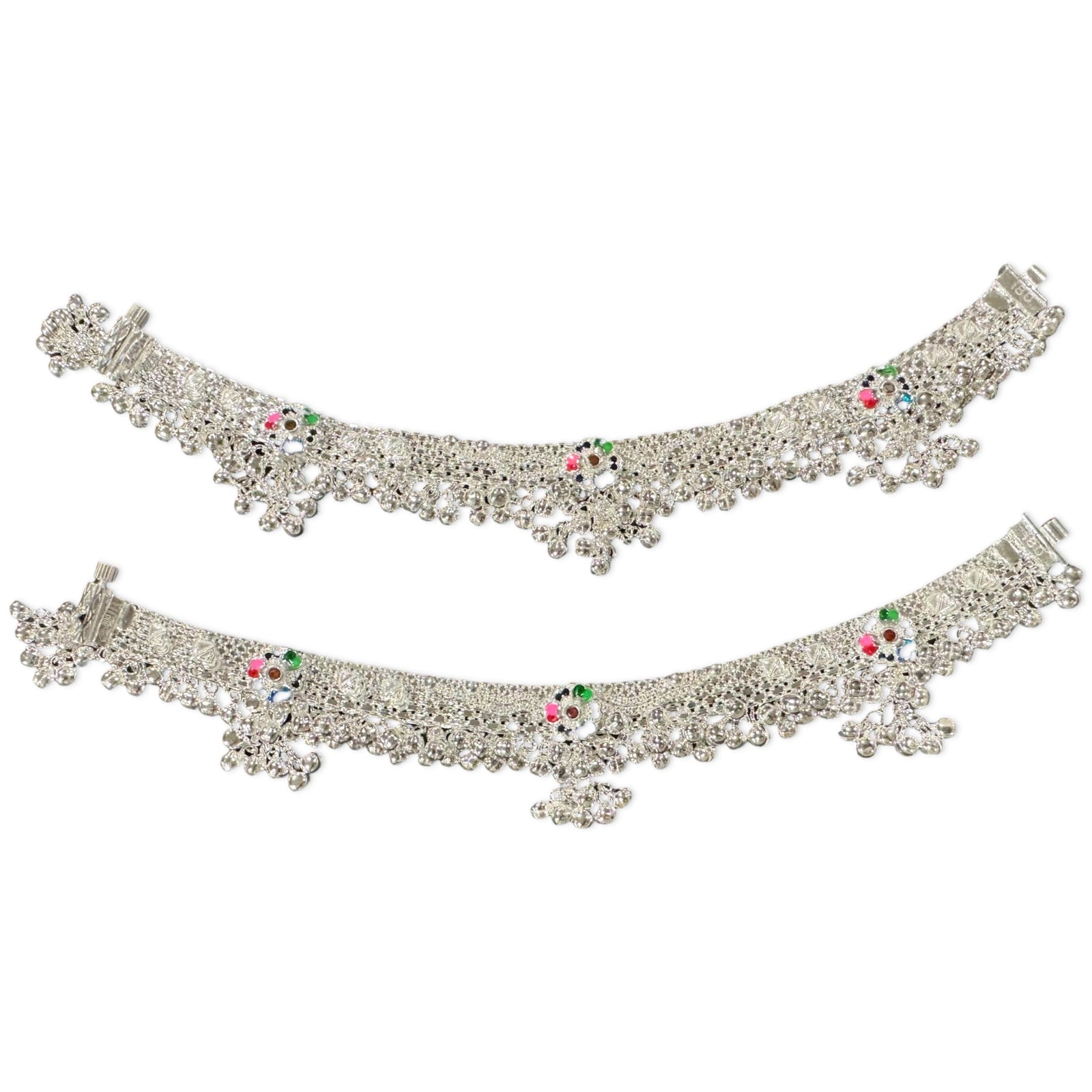 800 Silver Rajwada Hallmarked Pajeb Anklet with Meena & Bells - Style