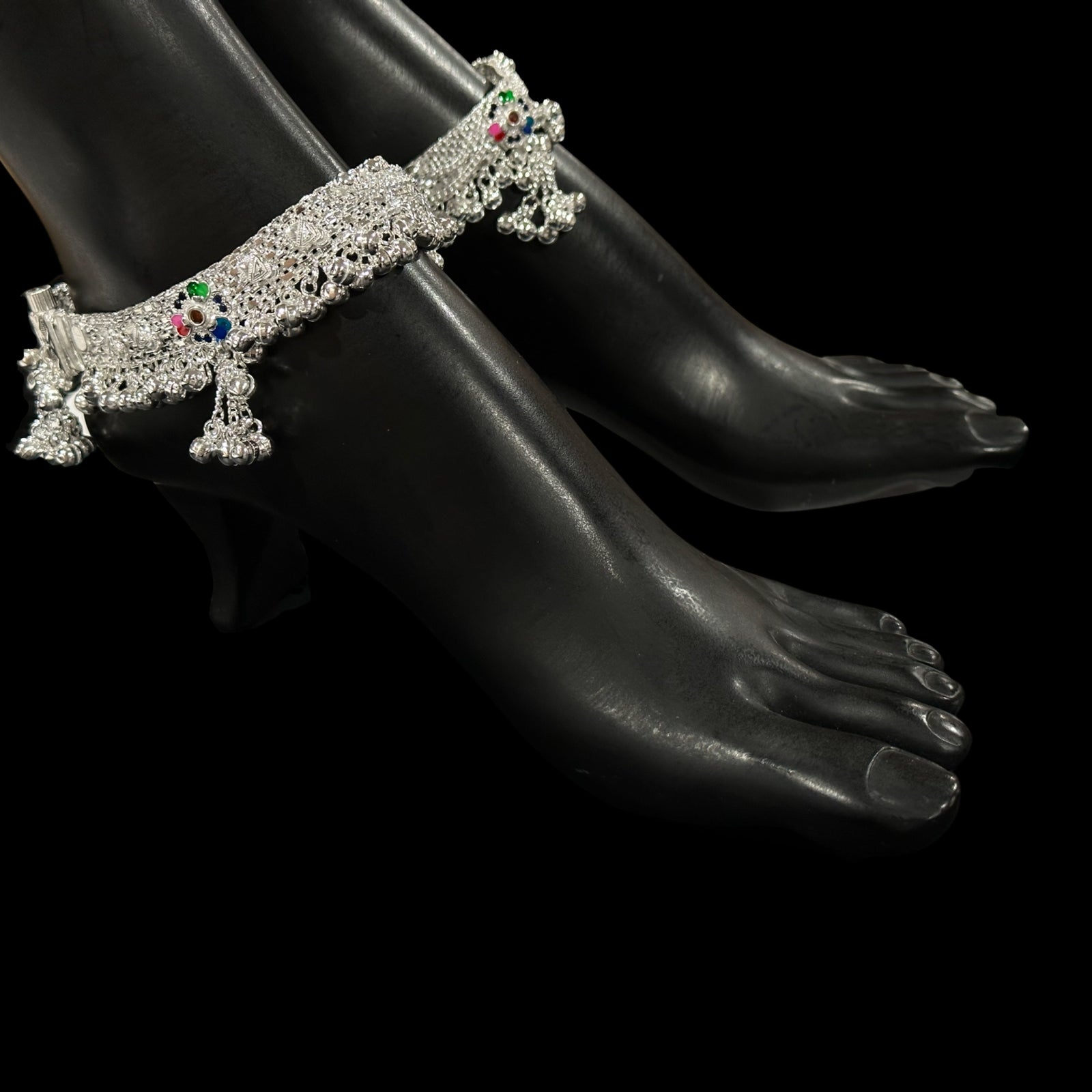 800 Silver Rajwada Hallmarked Pajeb Anklet with Meena & Bells - Style