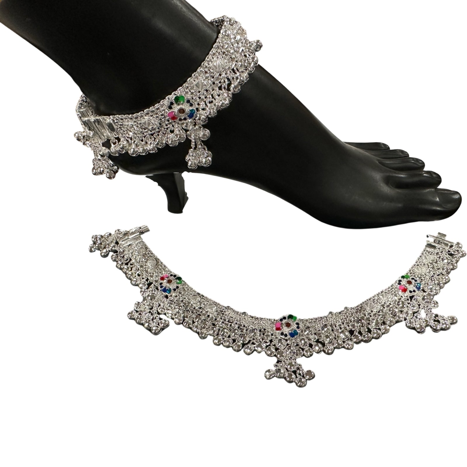 800 Silver Rajwada Hallmarked Pajeb Anklet with Meena & Bells - Style