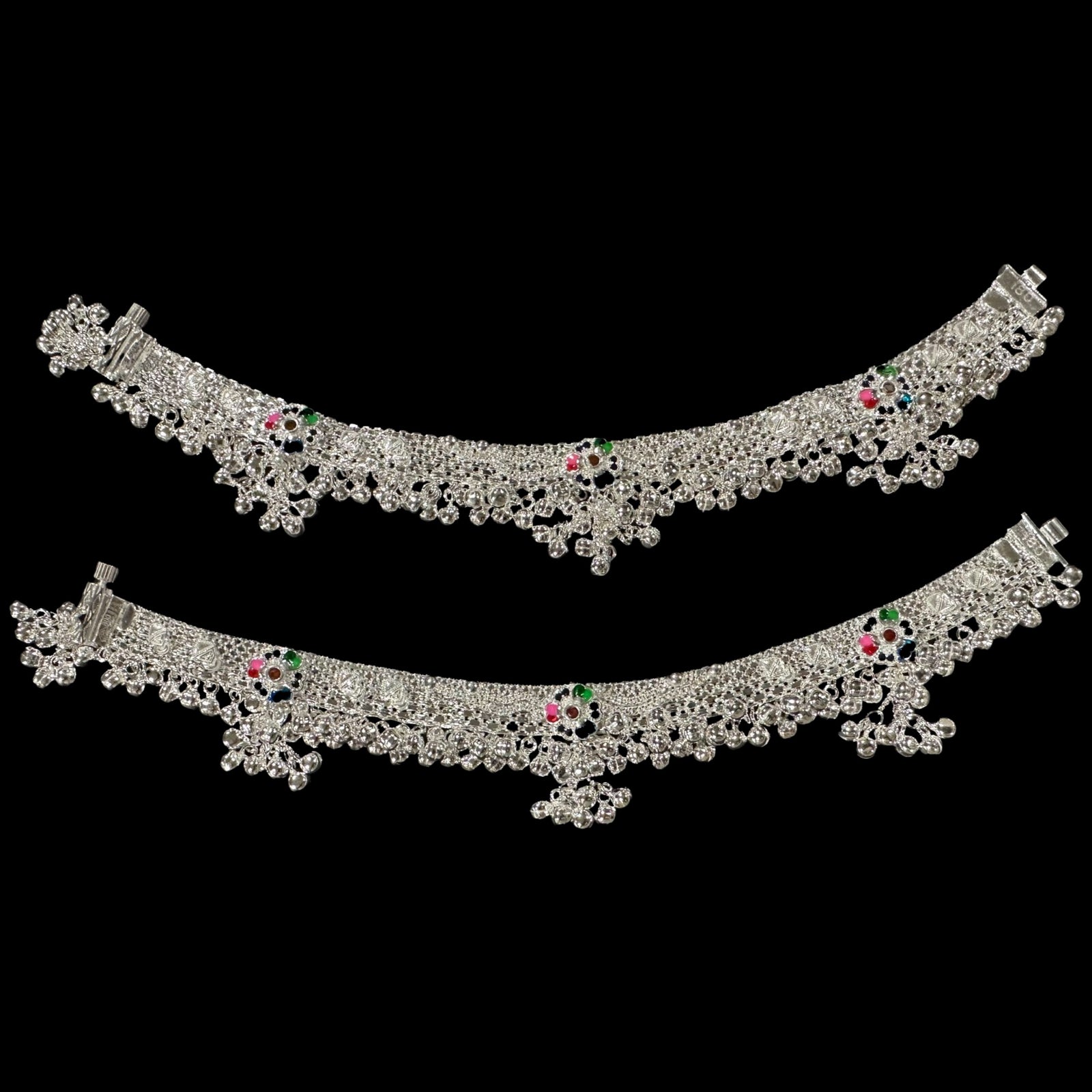 800 Silver Rajwada Hallmarked Pajeb Anklet with Meena & Bells - Style