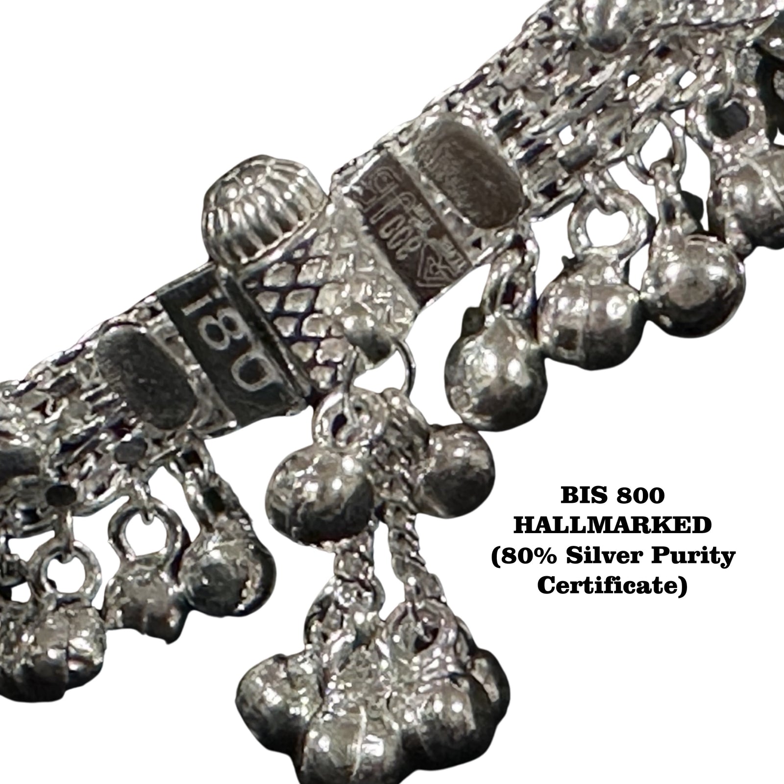 800 Silver Rajwada Hallmarked Pajeb Anklet with Meena & Bells - Style