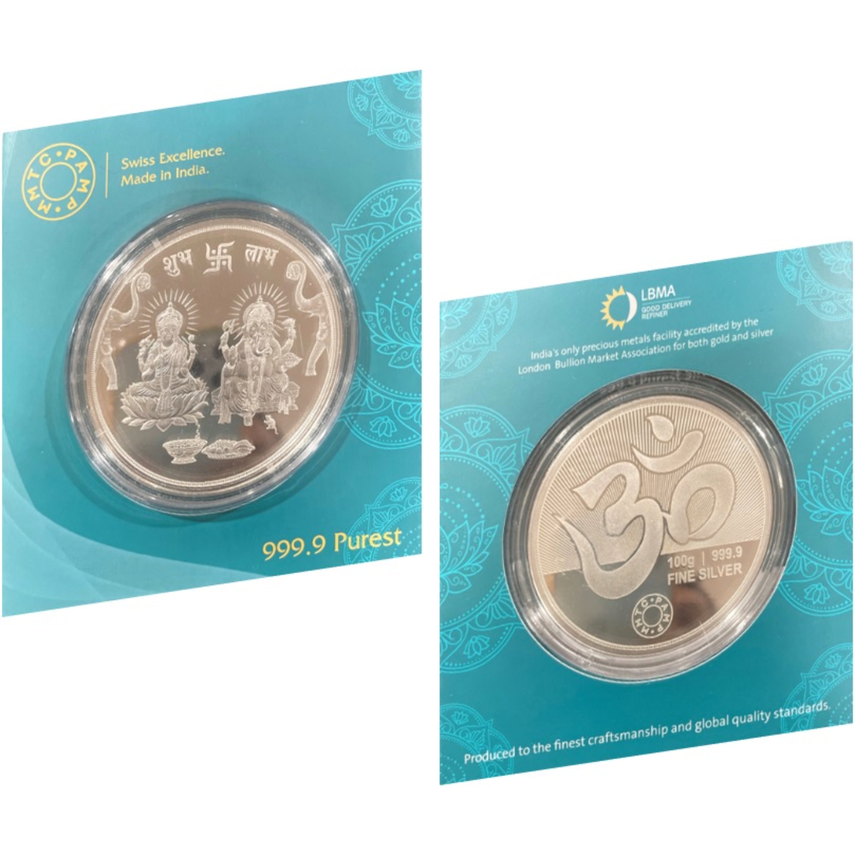 999 Pure Silver Ganesha Lakshmi MMTC Certified 100 Gram Sealed Coin
